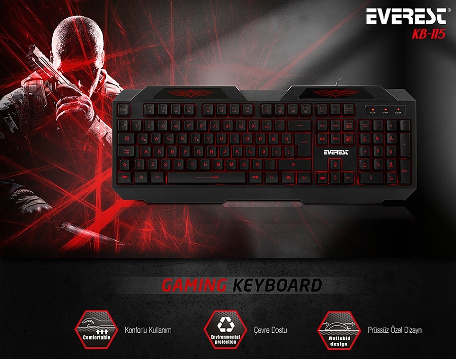 Everest KB-115 Siyah USB 3 Renk Aydınlatmalı Q Standart Gaming Klavye ...