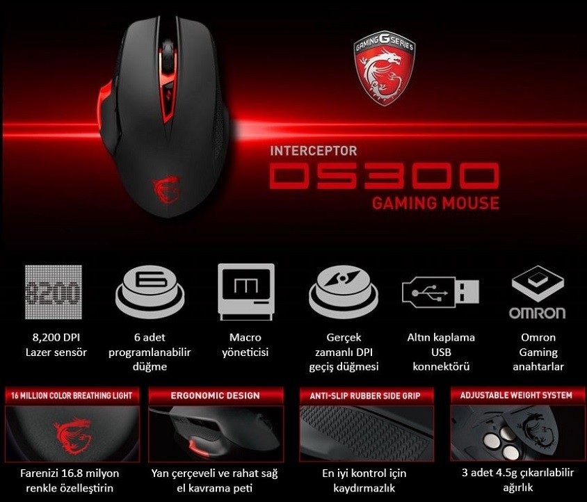 MSI Interceptor DS300 8200DPI 6 Tuş RGB Lazer Gaming Mouse - ADNS-9800 ...