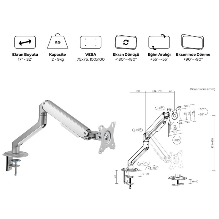 Twisted Minds TM-63-C06 Mekanik Amortisörlü Düz/Kavisli Ekran 17"- 32" Max 9Kg Tek Monitör Kolu ...